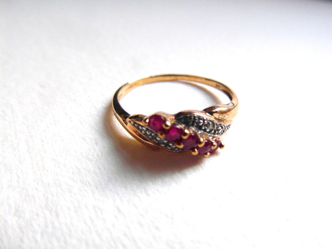 Ruby and Diamond Vintage Gold Ring, 9 Carat Gold, 5 Ruby Ring, Diamond ...