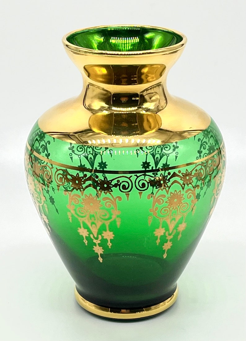 Vecchia Murano Glass Vase Emerald Green W 24k Brushed Gold 5in Vintage ...