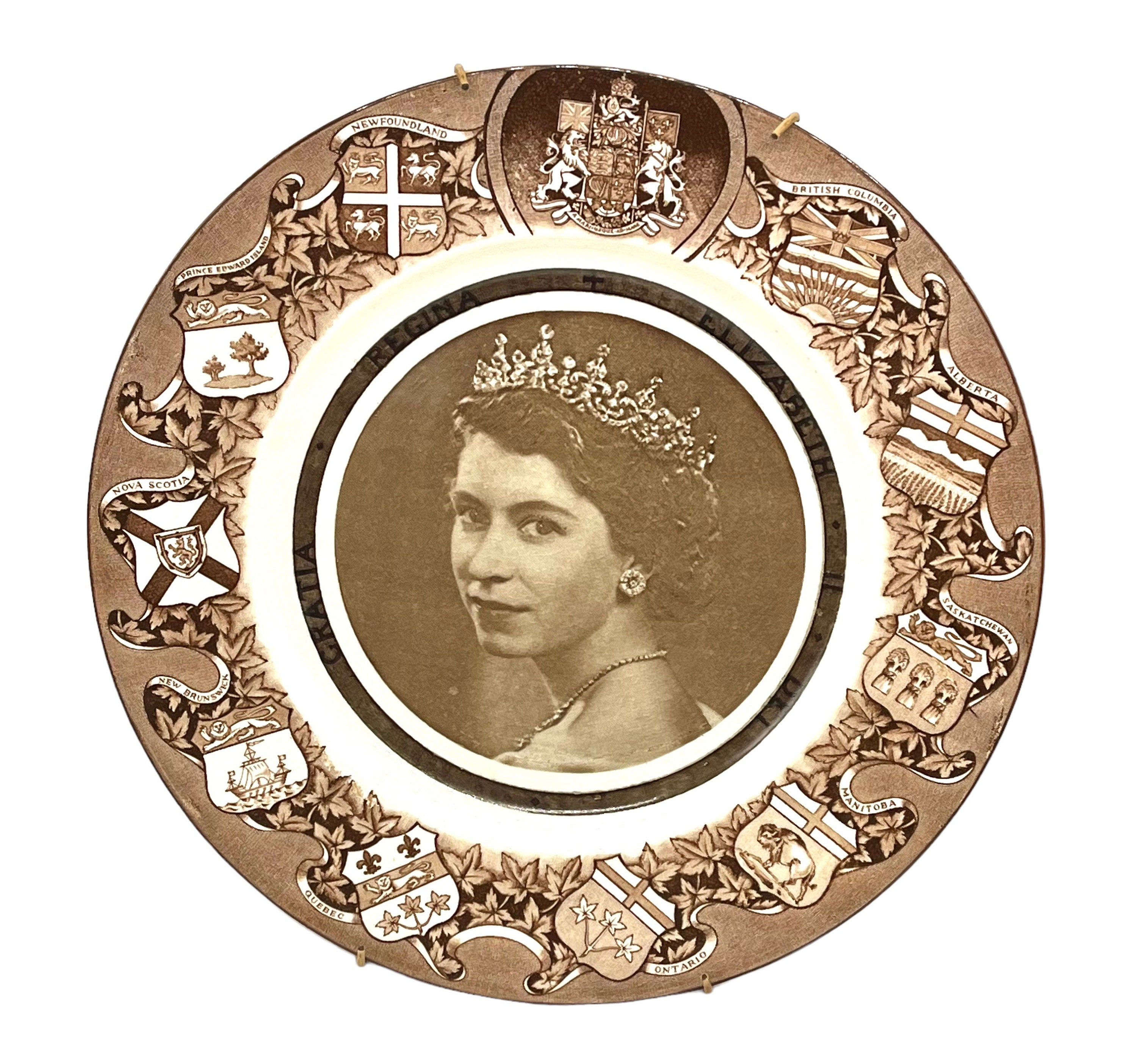 Queen Elizabeth II Canada Plate Clarice Cliff Royal Staffordshire Sepia ...