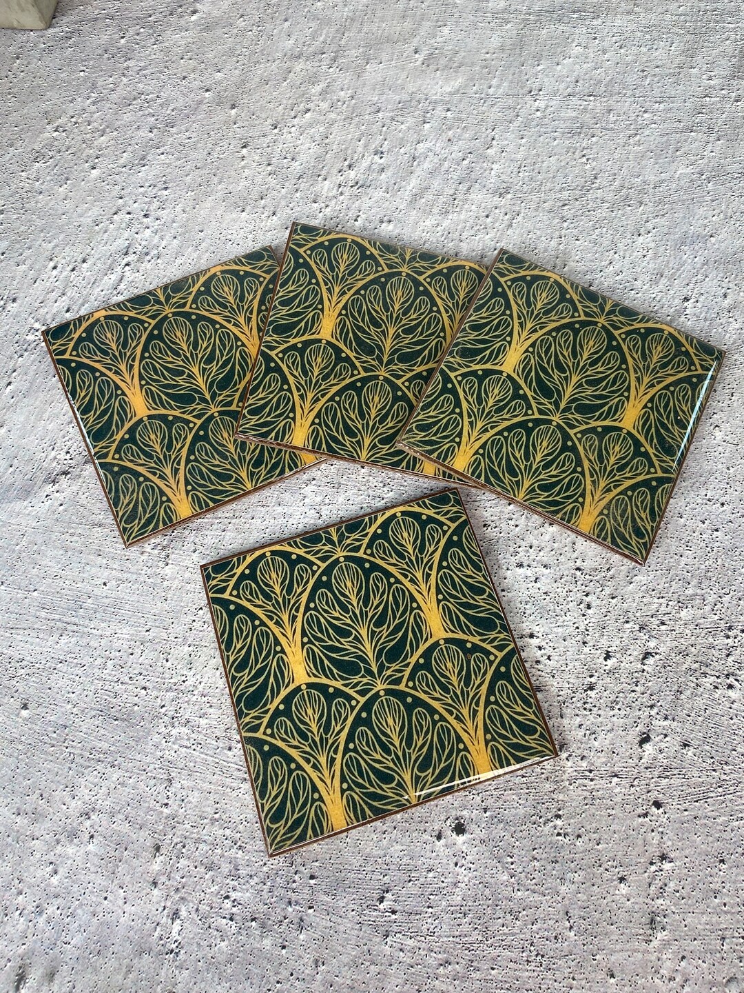 Green Art Deco Design Coasters - Resin Sealed Hard Topcoat - Handmade ...