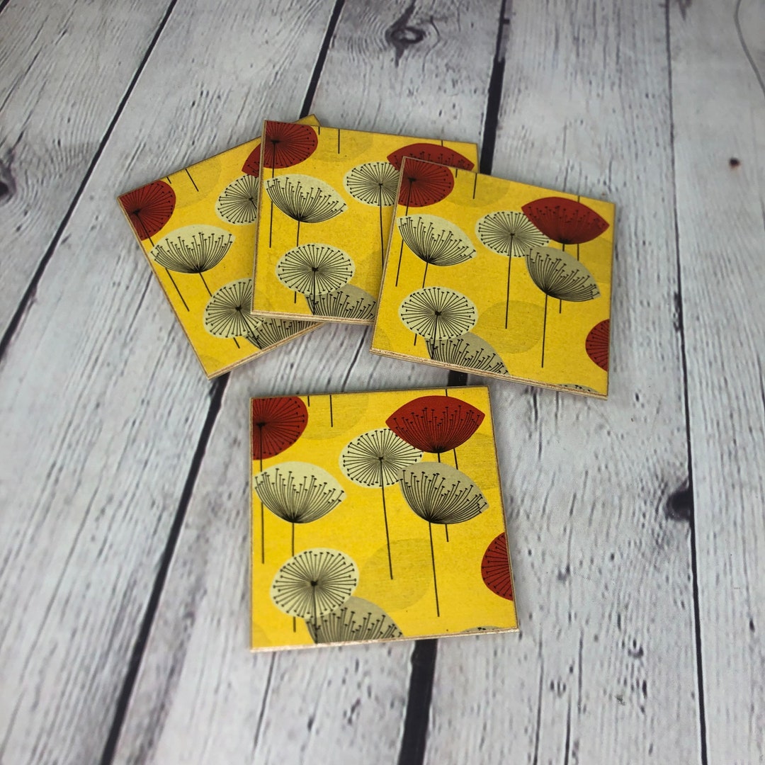 Mid-century Modern Red & White Floral Seed Pod Design on Yellow ...