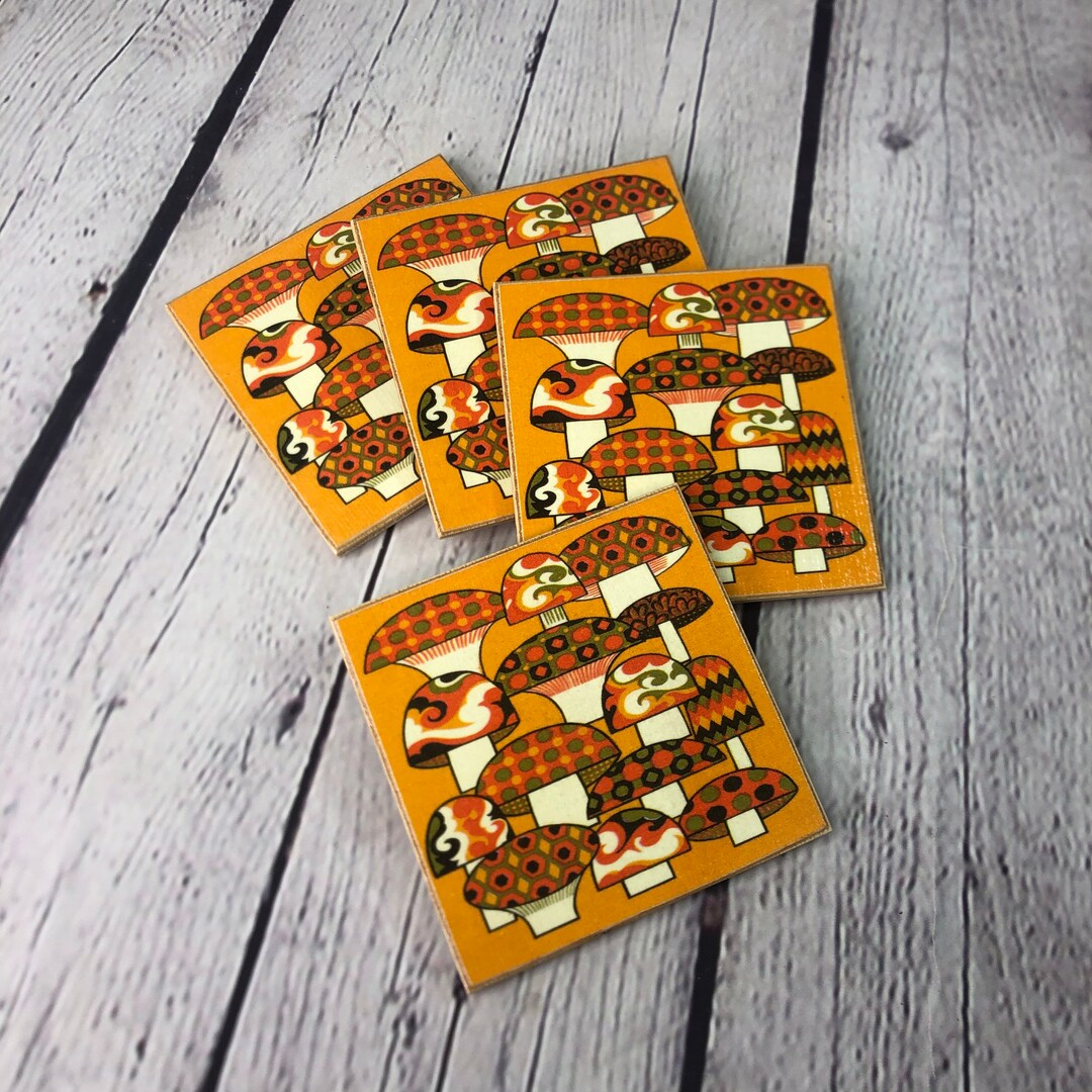 1970s Mushroom Print Coasters - Resin Sealed - Handmade Decorative ...