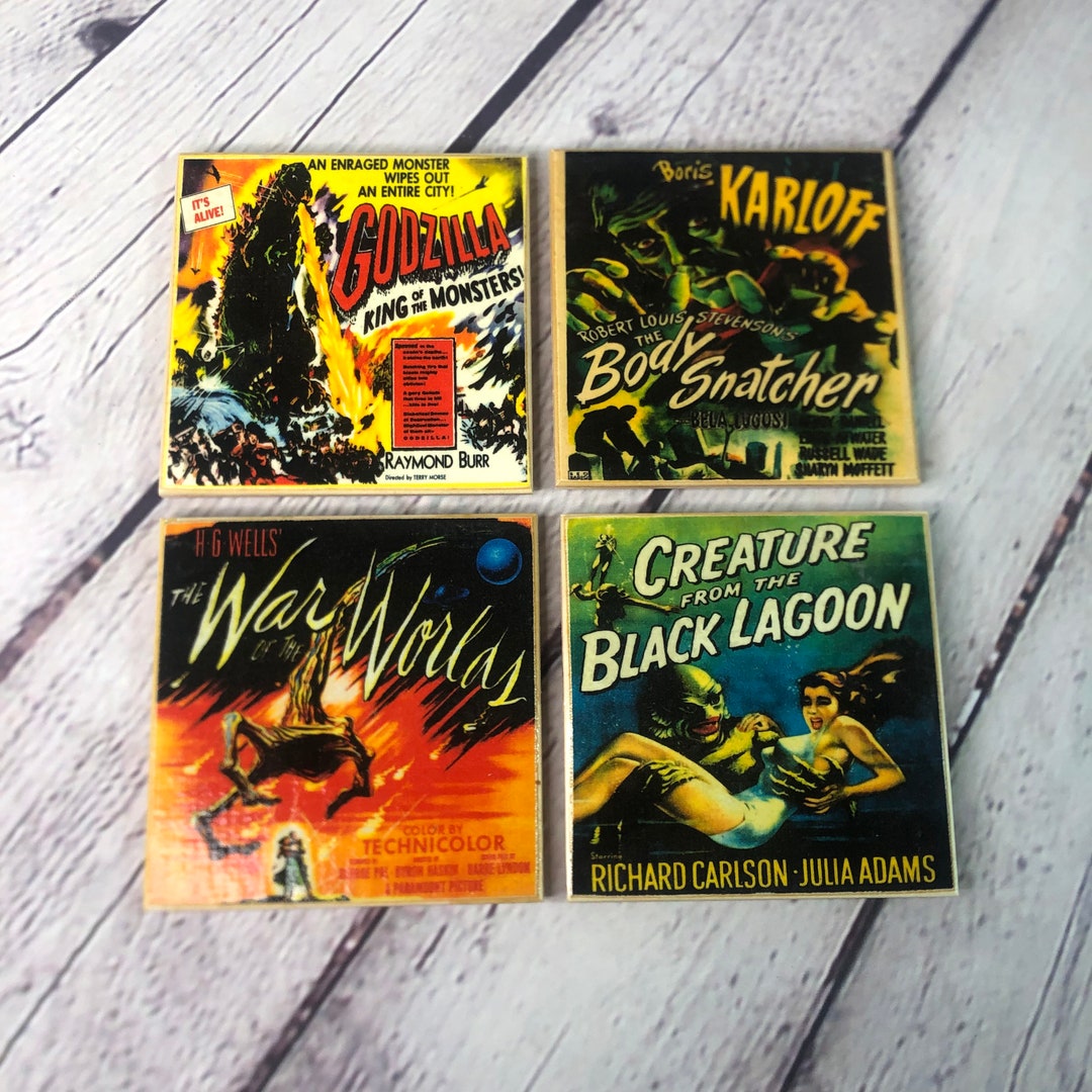 Retro Sci Fi Horror Movie Coasters - Handmade Decorative Coaster Set of ...