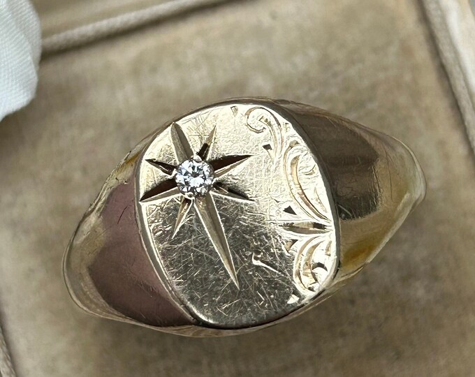 Vintage Signet Ring Star Set Diamond 9 Carat Gold 1992, Mens Large ...