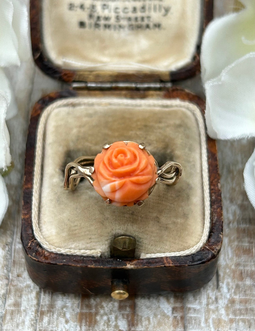 Vintage Carved Coral Rose Ring 9 Carat Yellow Gold 1989, Unique Peach ...