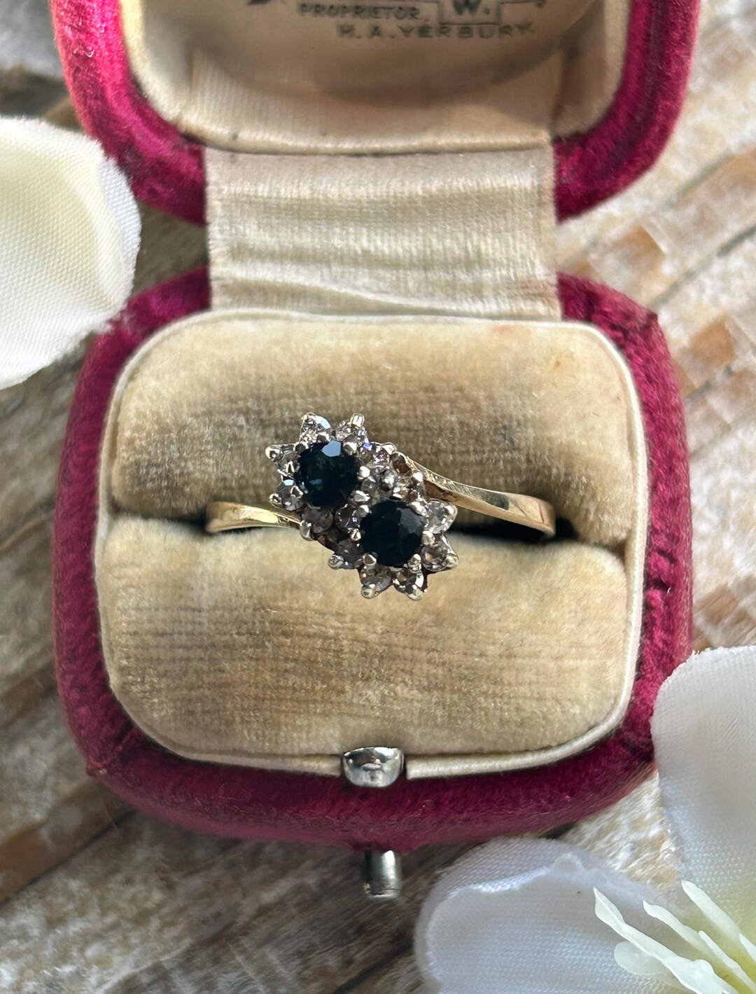Vintage Sapphire and Diamond Double Daisy Ring 9 Carat Yellow Gold 1992 ...