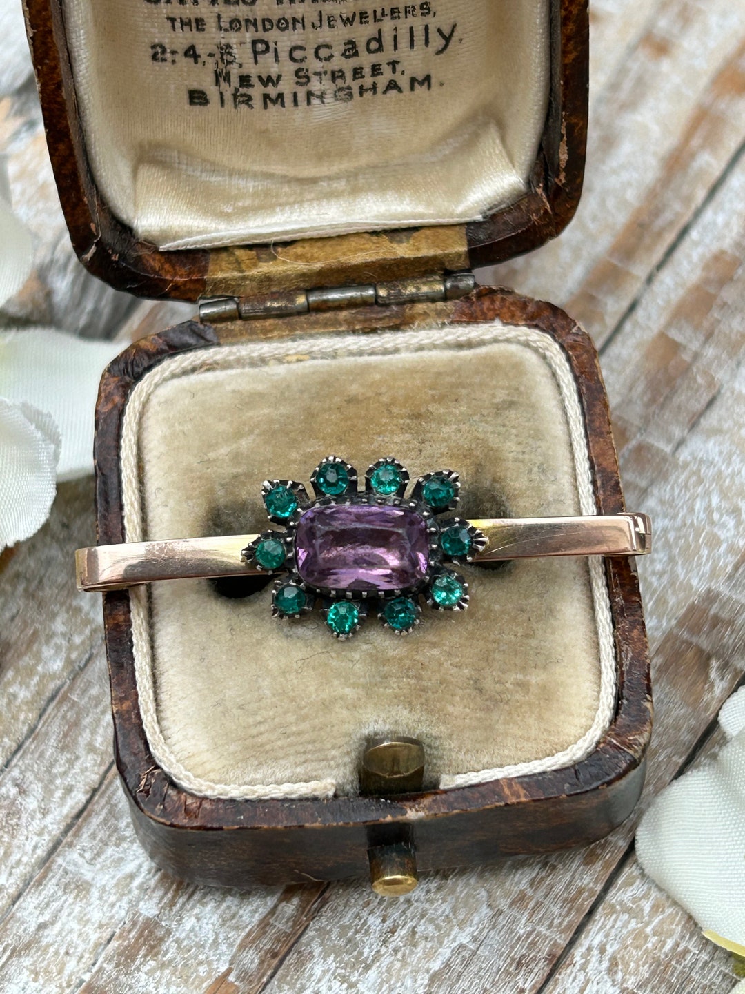Antique Edwardian Gold Bar Brooch Purple and Green Paste 9 Carat Gold ...