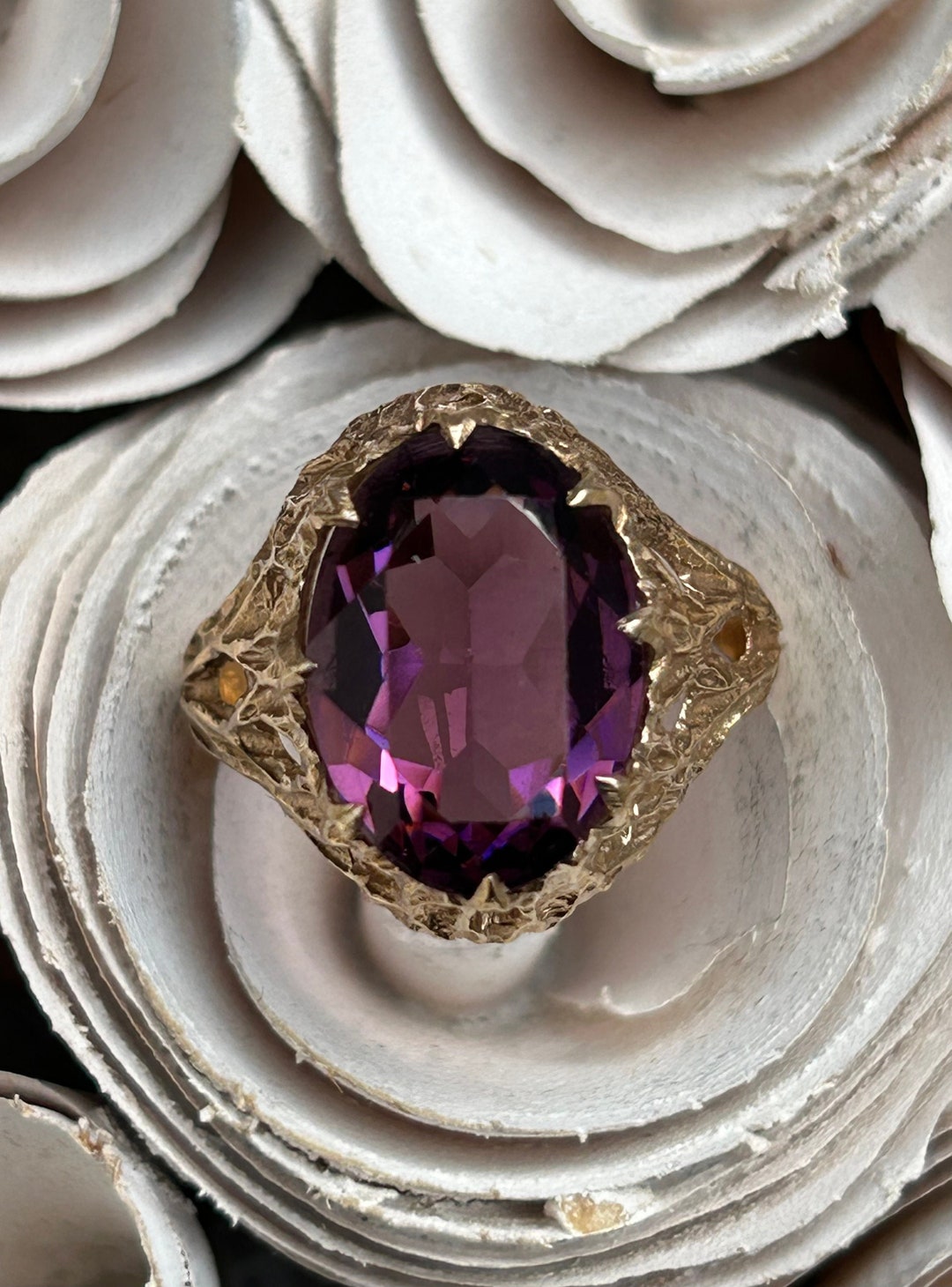 Vintage Purple Paste Brutalist Statement Ring 9 Carat Yellow Gold ...