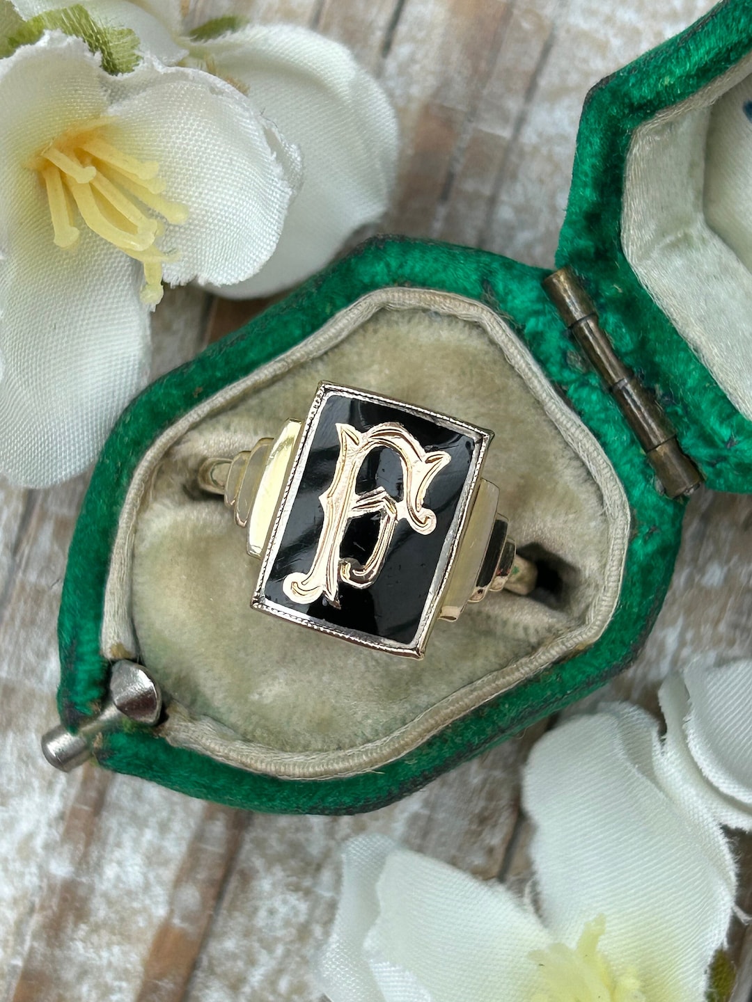 Antique Art Deco Monogram "f" Signet Ring Black Enamel 9 Carat Yellow ...