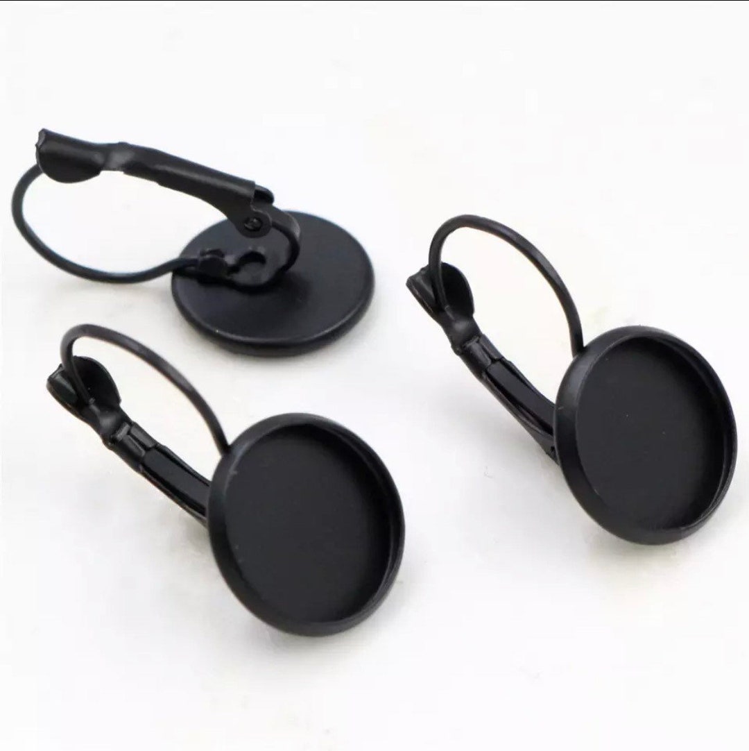 12mm Black Leverback Earring Posts, Cabochon Pendant, Blank Bezel Round ...