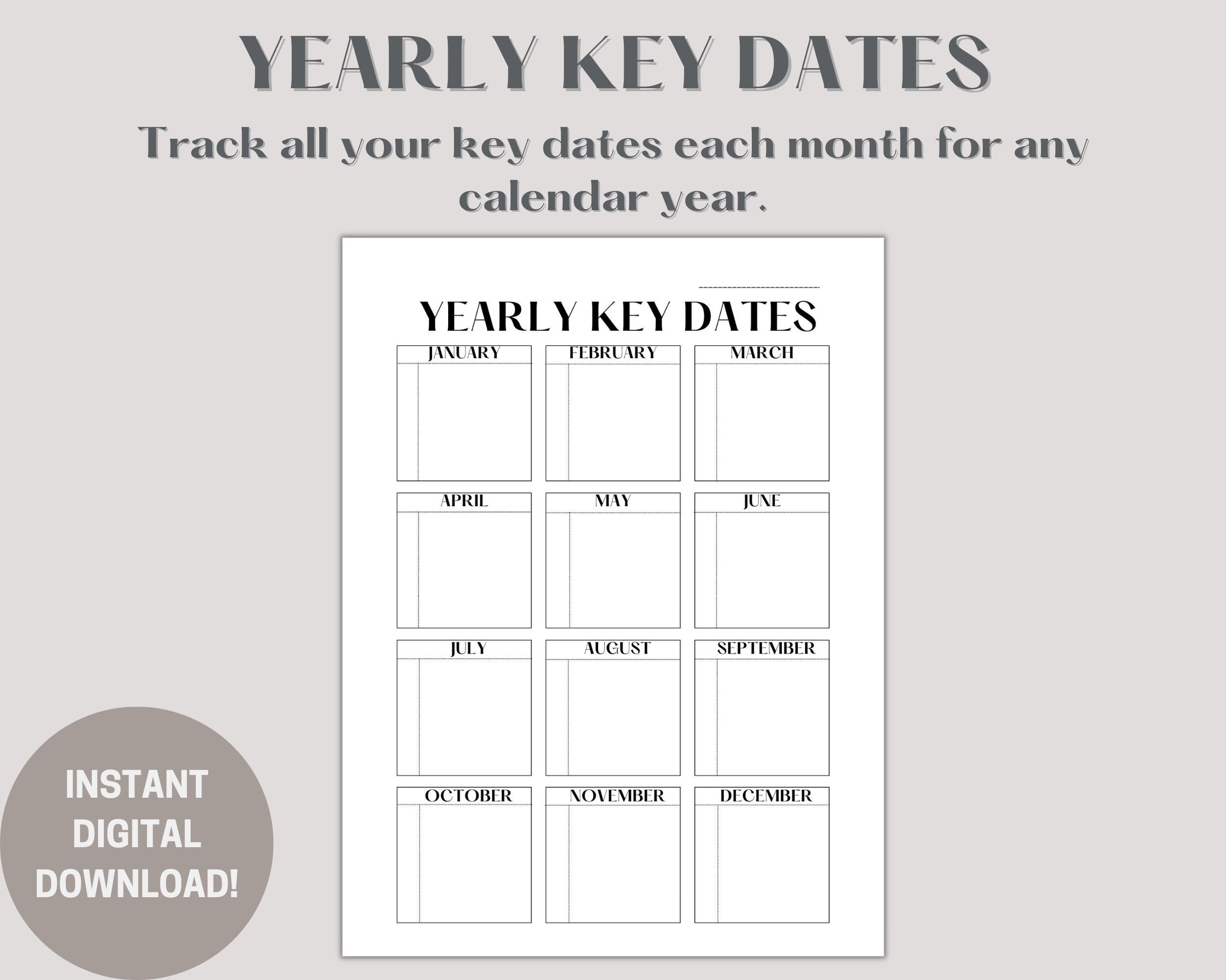 Yearly Key Dates Planner, Printable Important Date Tracker ...