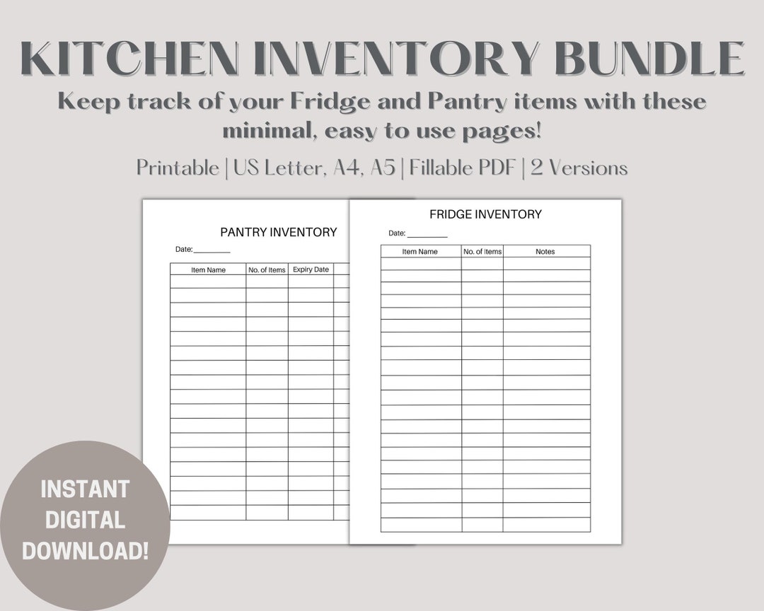 Kitchen Inventory Log, Printable Kitchen Inventory, Fridge Inventory ...