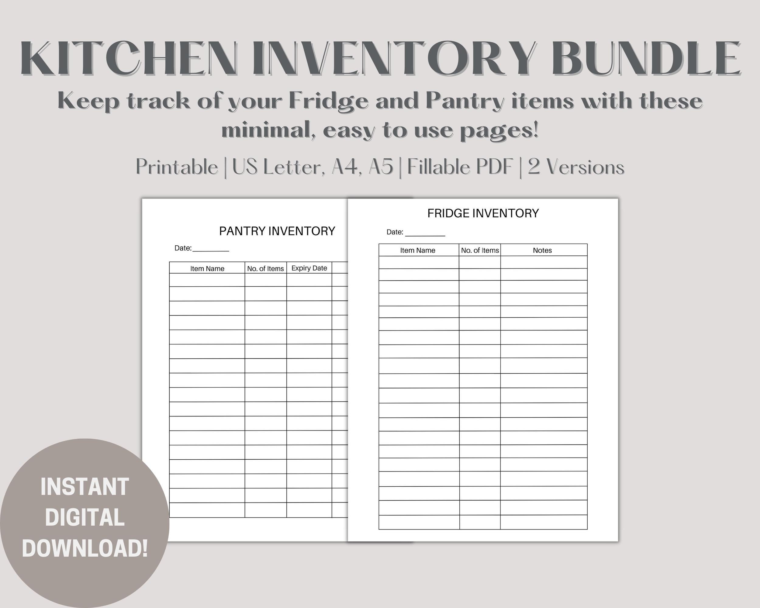 Kitchen Inventory Log, Printable Kitchen Inventory, Fridge Inventory ...