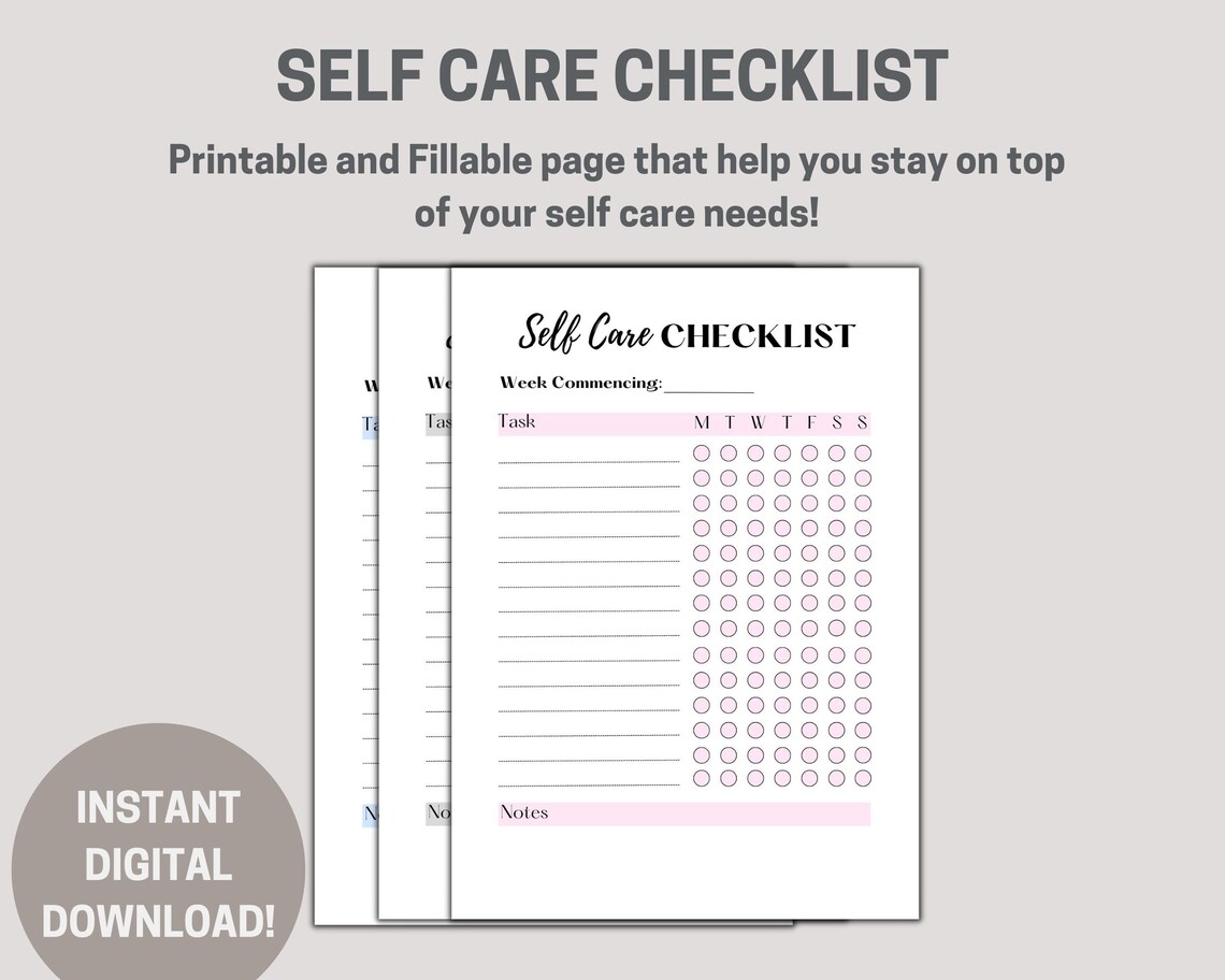 Self Care Checklist for Wellbeing, Health and Lifestyle, Daily Check in ...