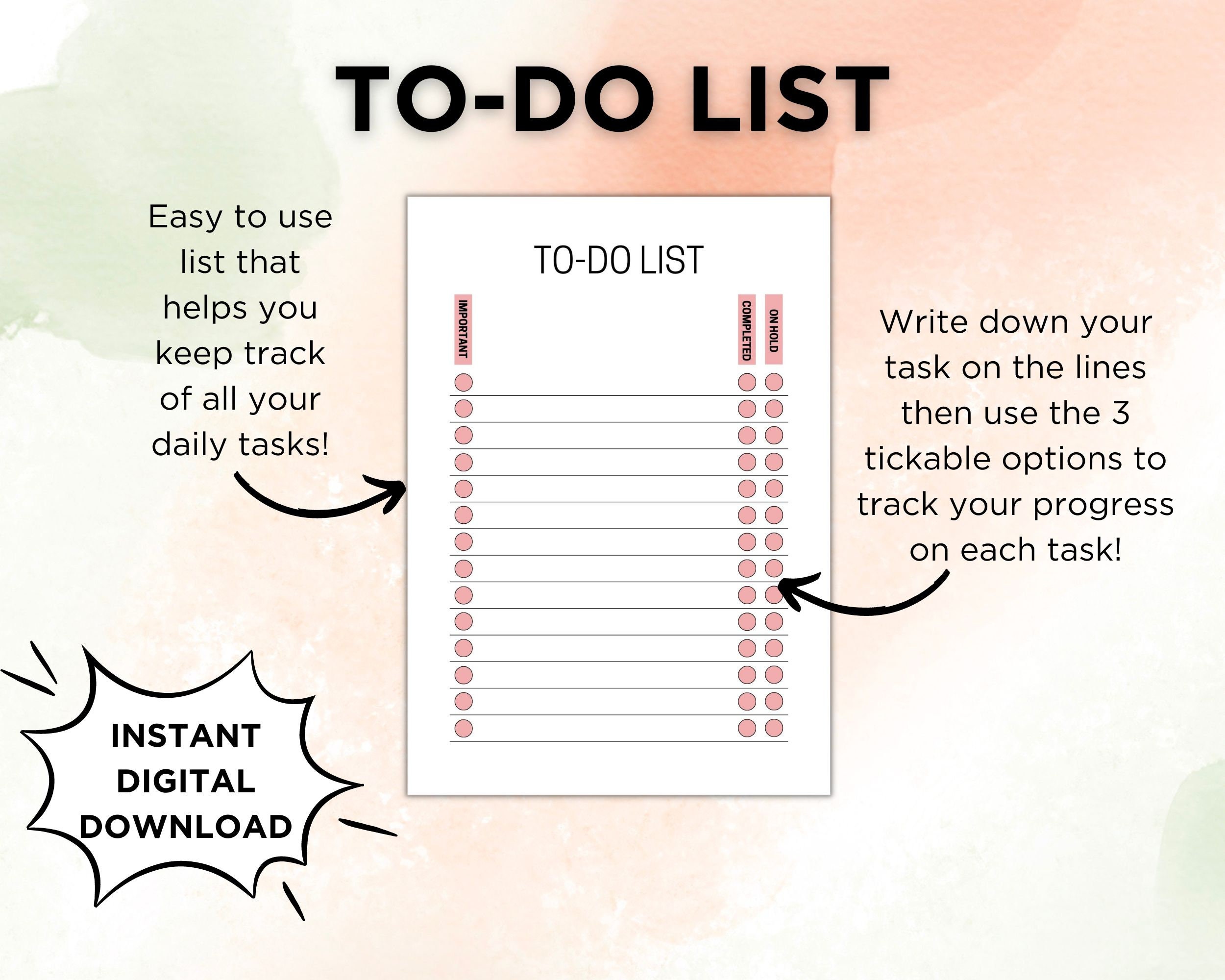 Todo List, Printable To-do List, Task List for Organisation, Daily to Do List, Printable Todo ...
