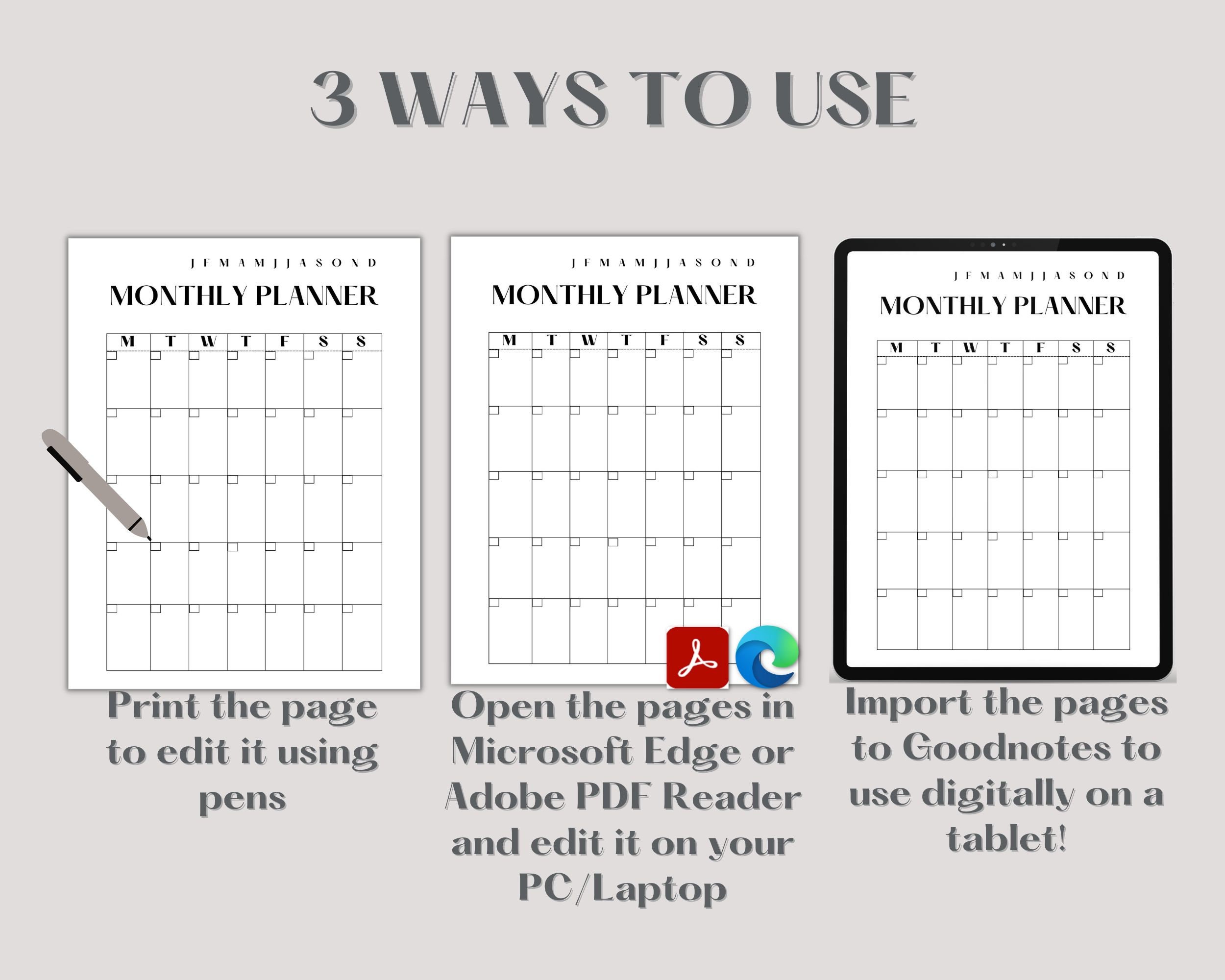 Monthly Planner, Printable Monthly Planner, Monthly Organiser, Calendar ...