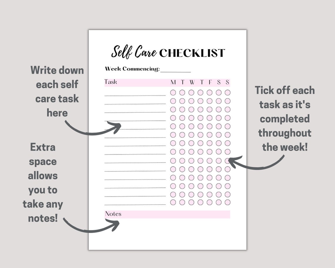 Self Care Checklist for Wellbeing, Health and Lifestyle, Daily Check in ...