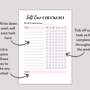 Self Care Checklist for Wellbeing, Health and Lifestyle, Daily Check in ...