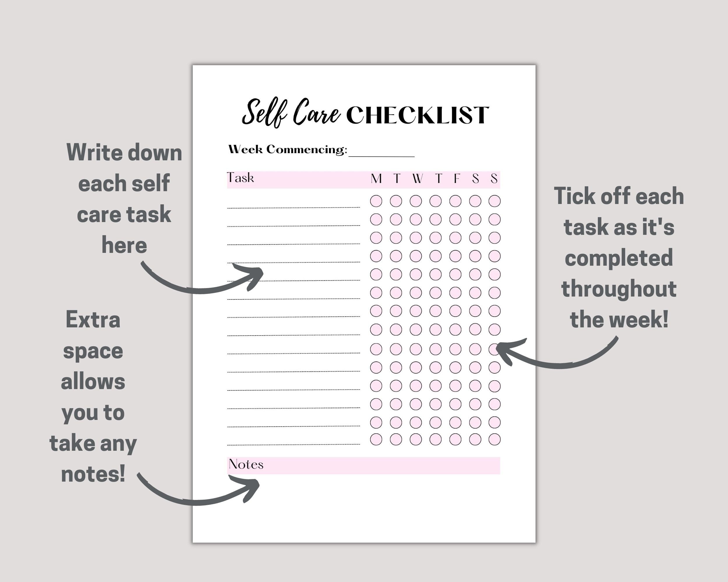 Self Care Checklist for Wellbeing, Health and Lifestyle, Daily Check in ...
