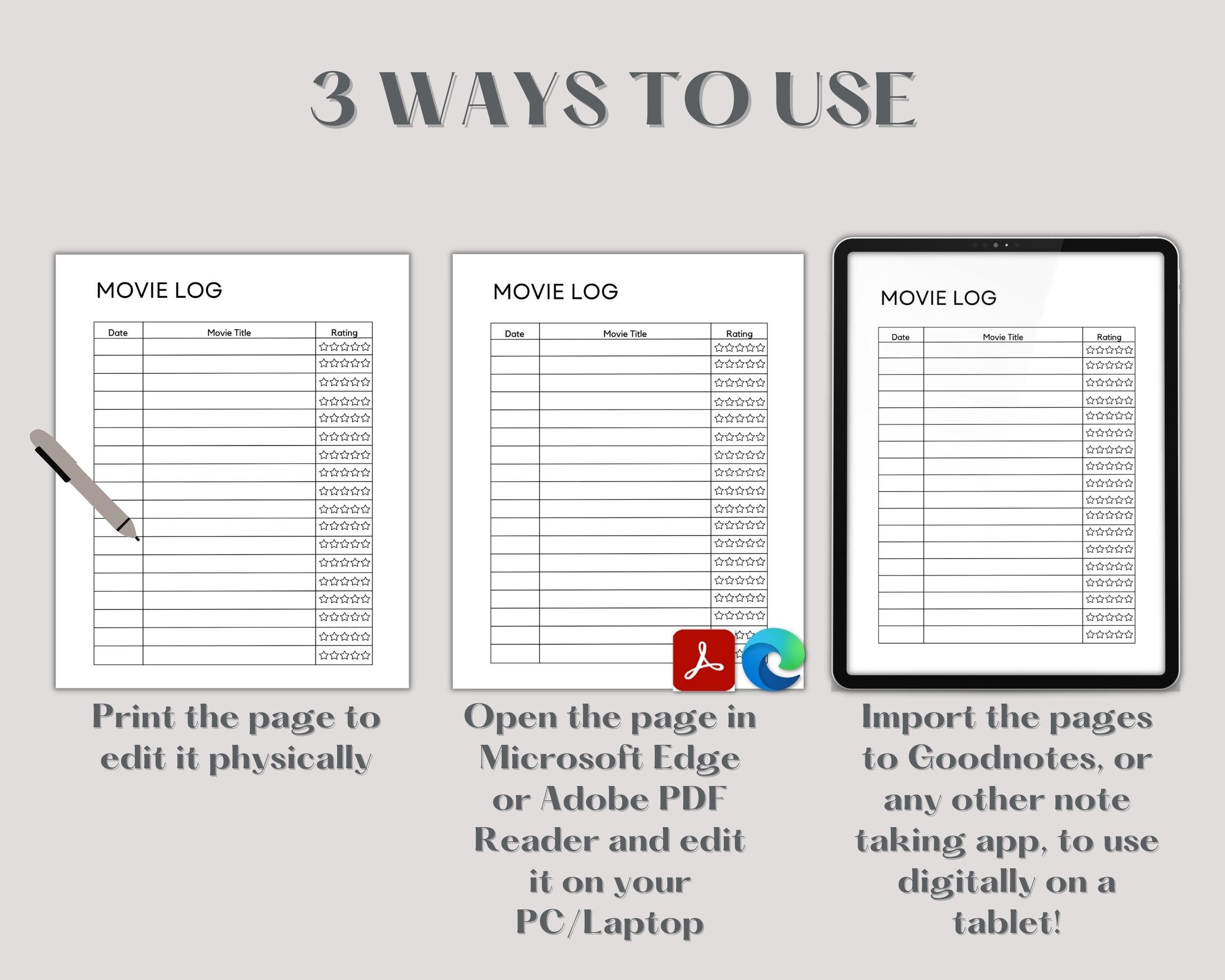 Movie Log Printable, Movie Tracker, Film Tracker, Movie Review, Movies ...