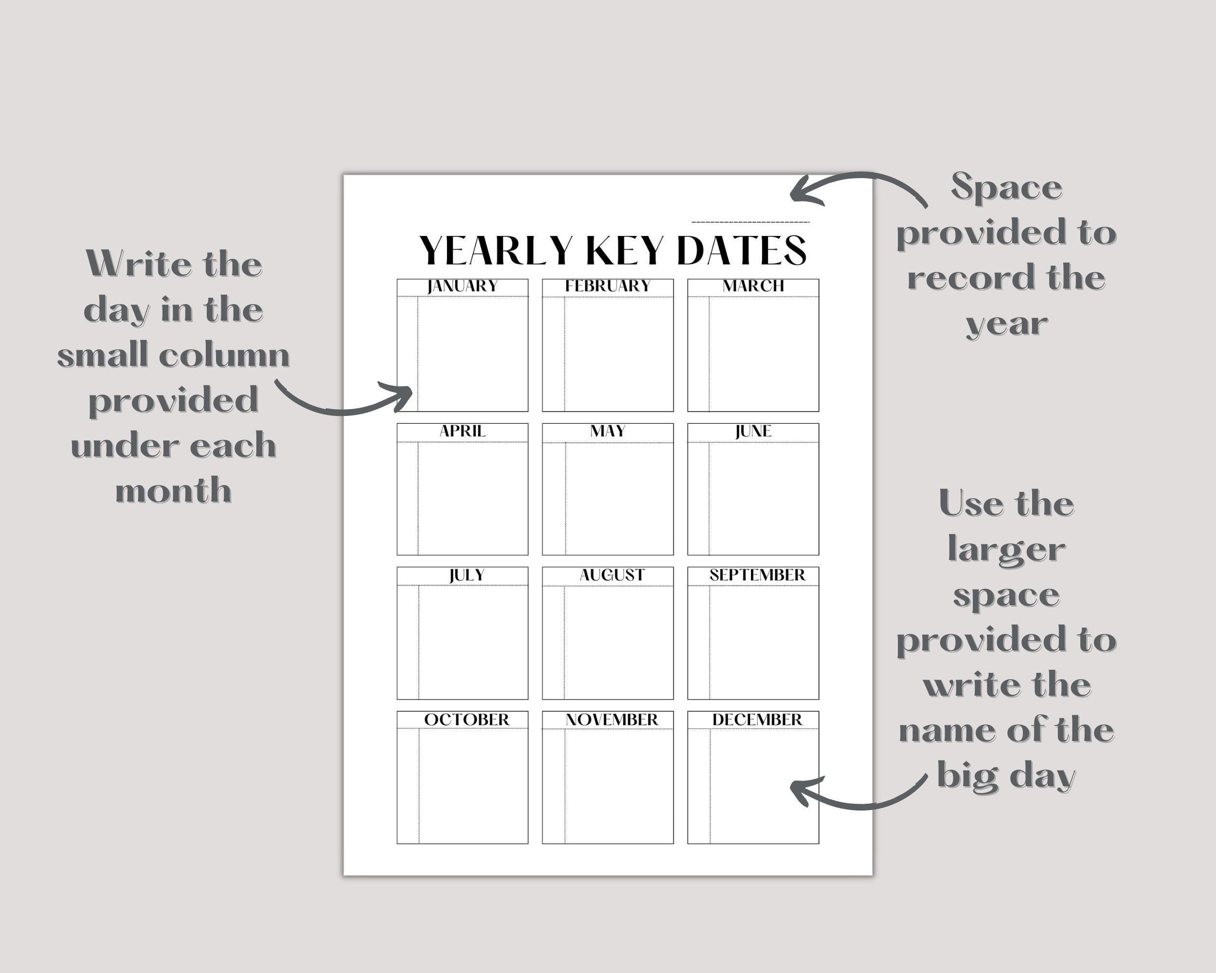 Yearly Key Dates Planner, Printable Important Date Tracker ...