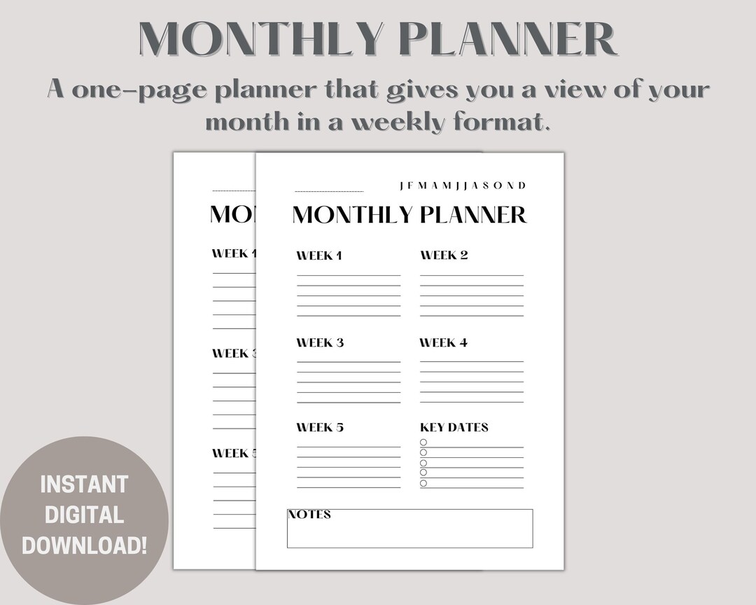 Monthly Planner, Digital Printable Planner, Monthly Organiser and Key ...