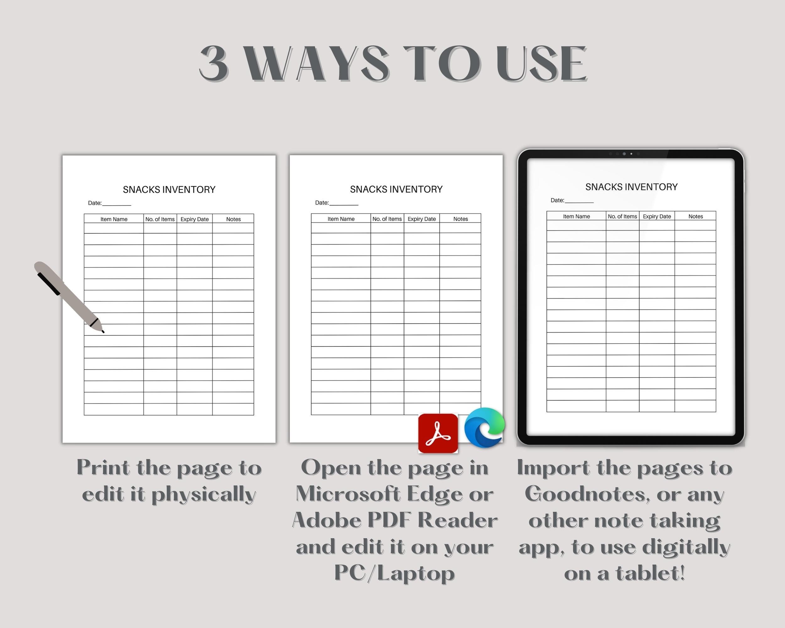 Snacks Inventory, Printable Food Inventory, Snack Log, Food Log, Pantry ...