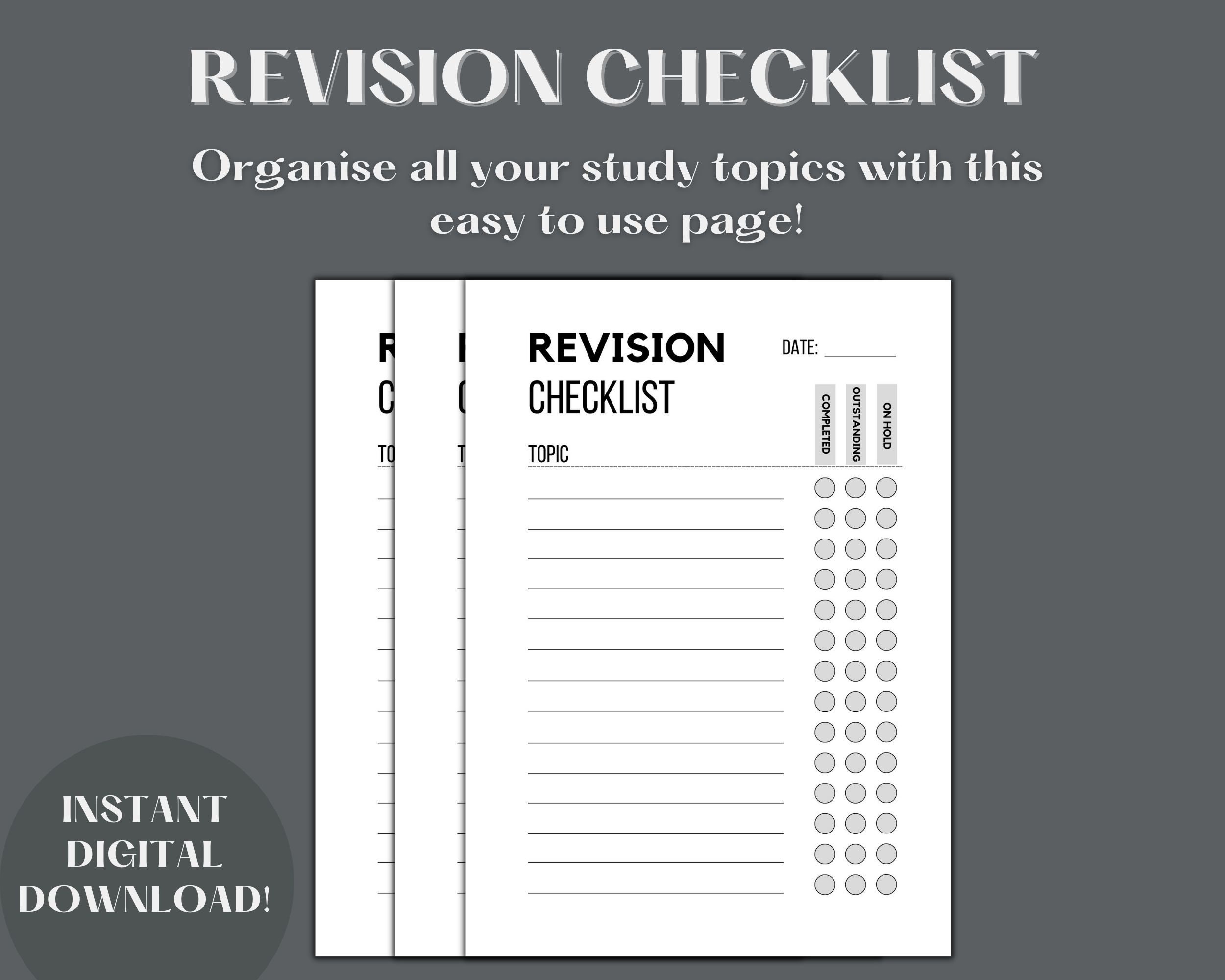 Study and Revision Checklist, Printable Student Planner and Tracker for ...