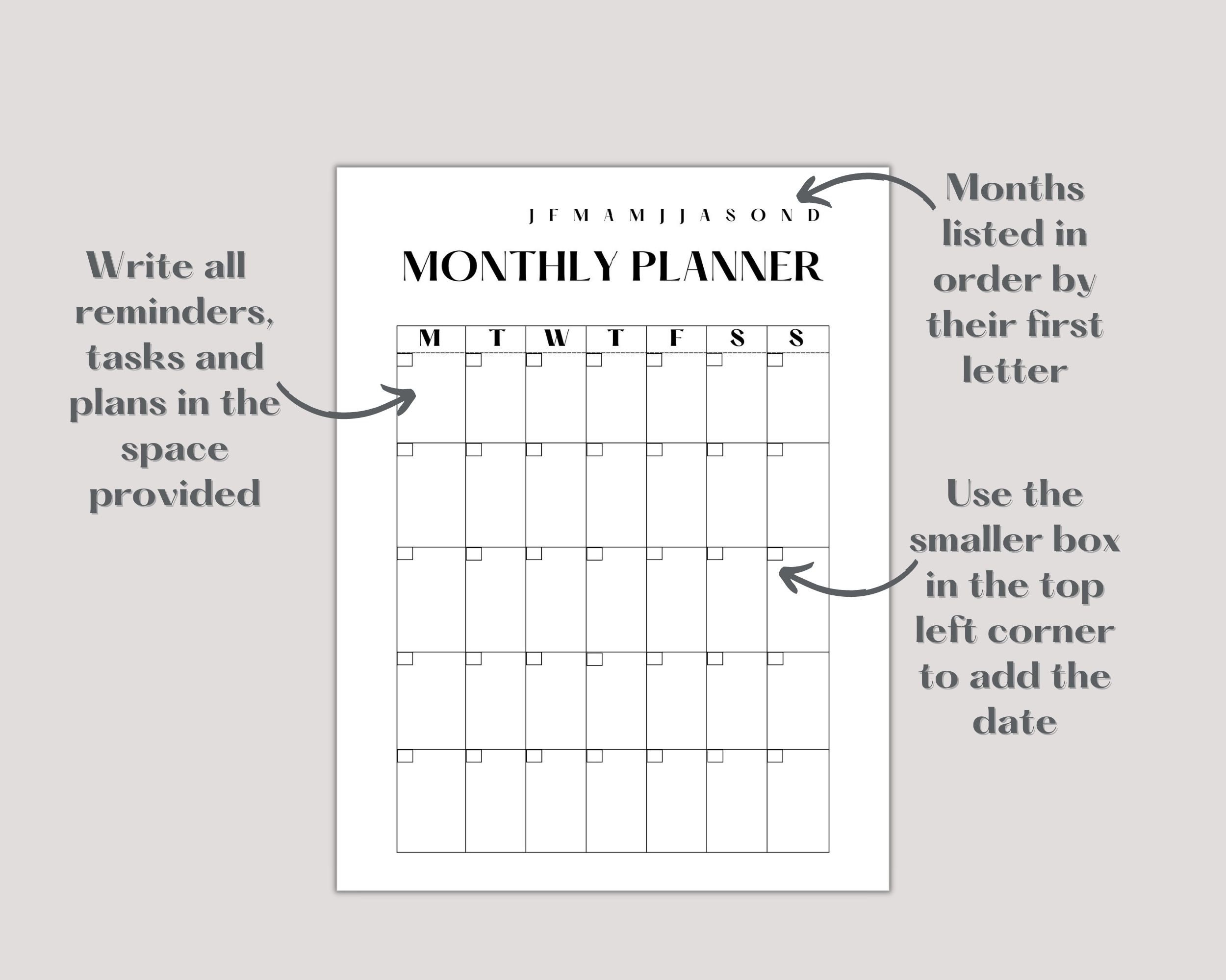 Monthly Planner, Printable Monthly Planner, Monthly Organiser, Calendar ...