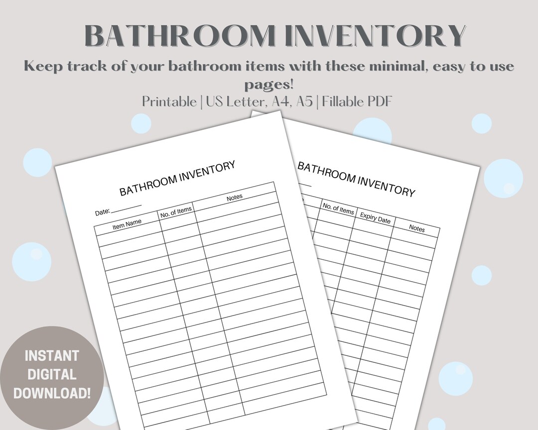 Bathroom Inventory, Printable Bathroom Log, Bathroom Organiser, Home ...