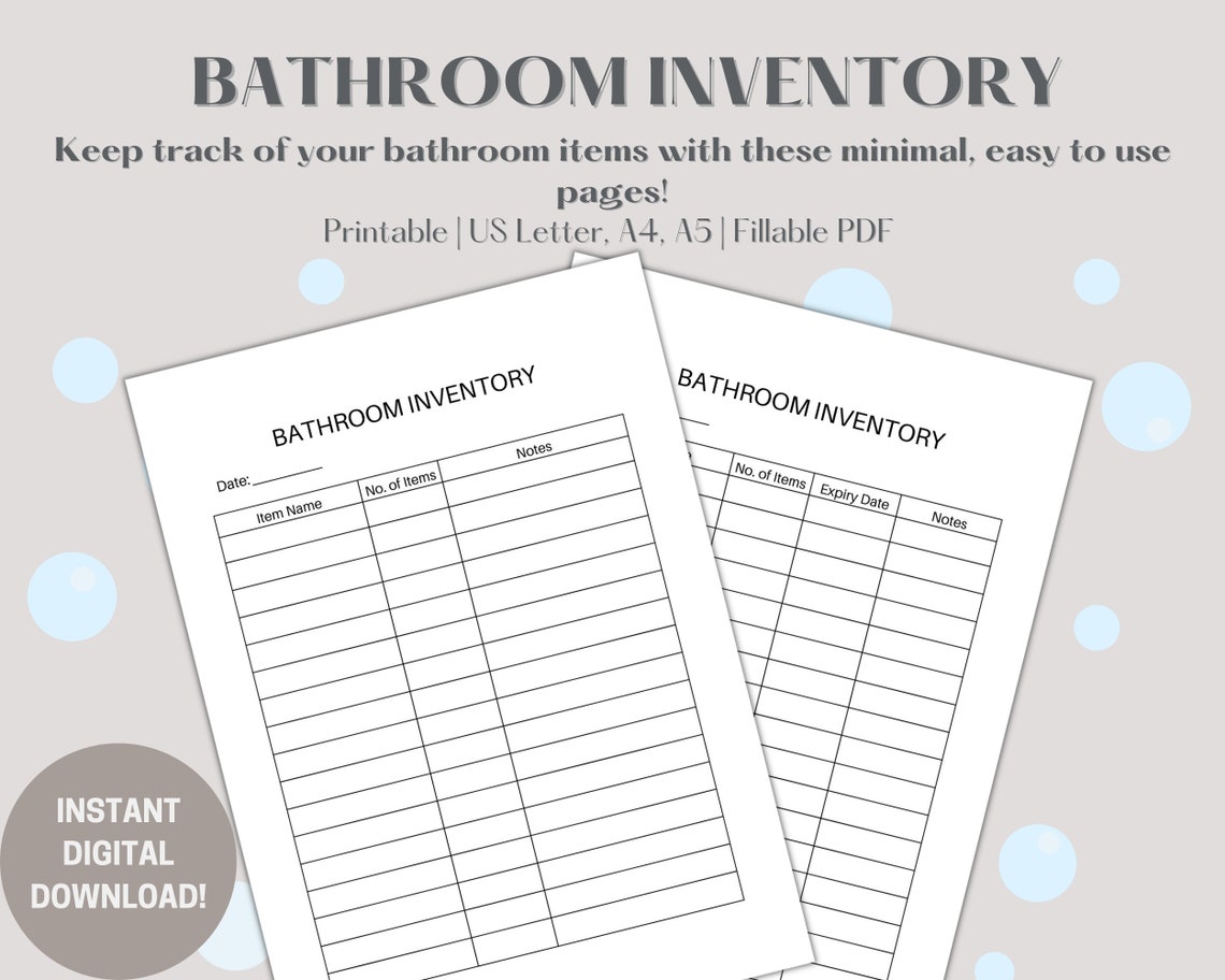 Bathroom Inventory, Printable Bathroom Log, Bathroom Organiser, Home ...
