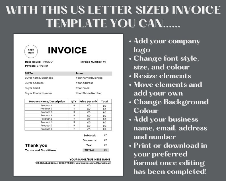 Invoice Template, Editable Invoice Canva, Canva Editable Template ...