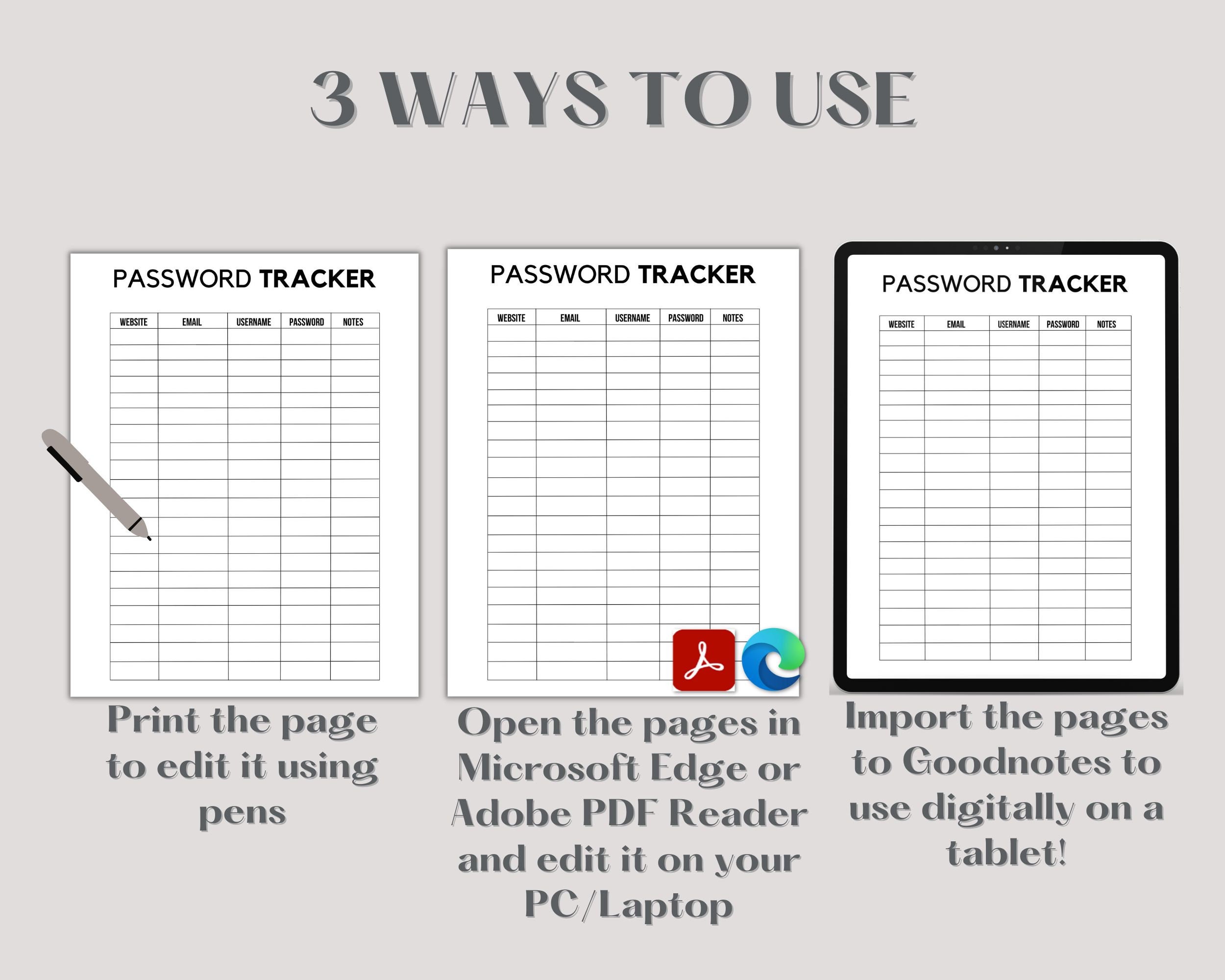 Password Tracker Printable, Editable Simple Password Organiser ...