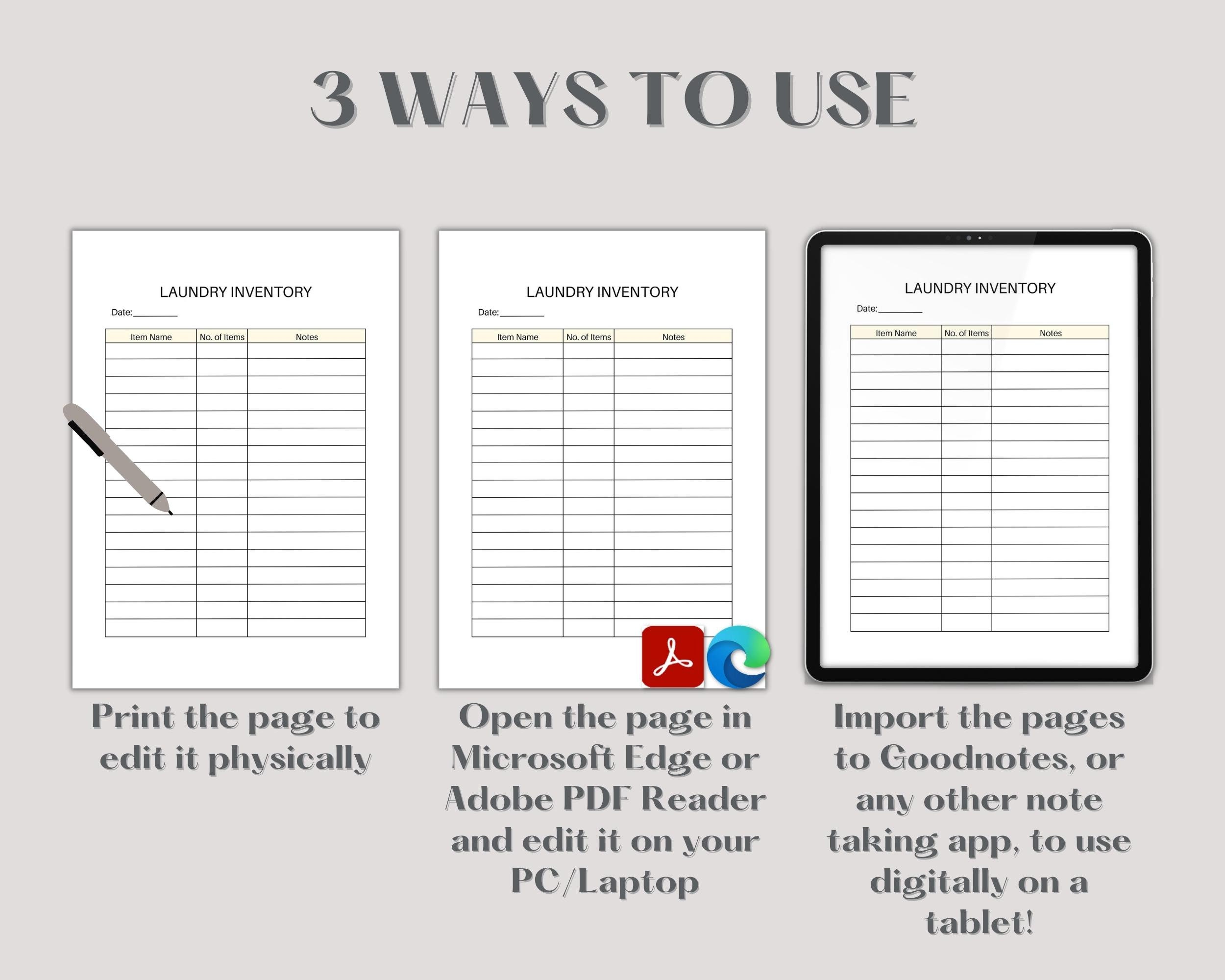 Laundy Inventory, Printable Laundry Inventory Log, Laundry Organiser ...