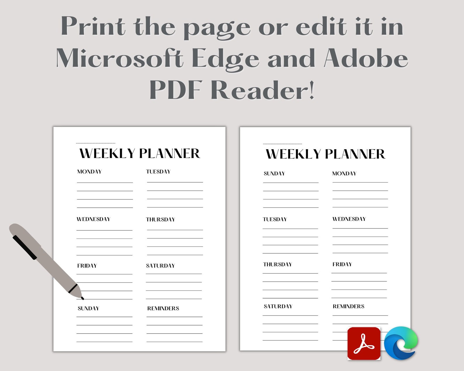 Weekly Planner, Printable Weekly Planner, Weekly Organiser, Weekly ...