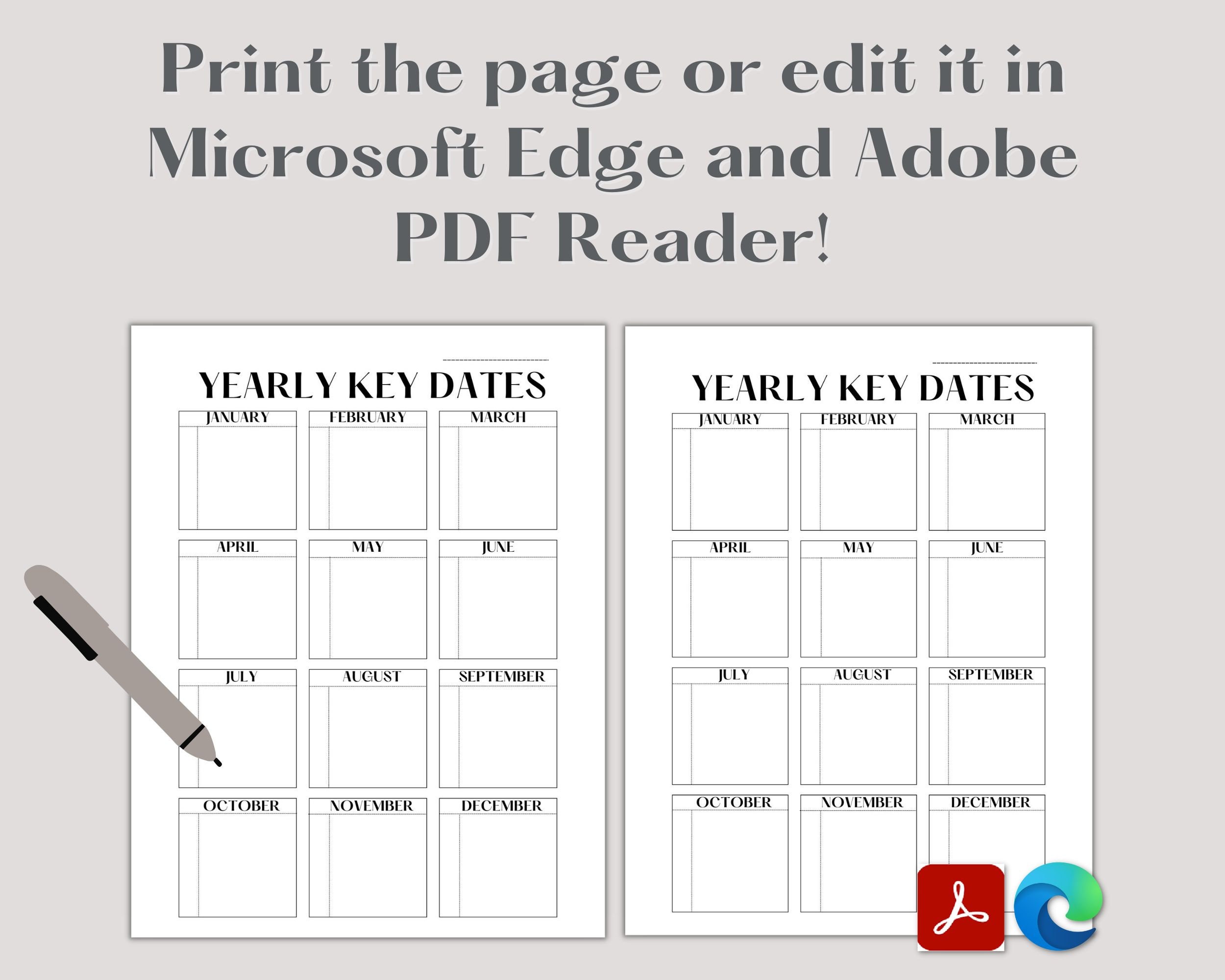 Yearly Key Dates Planner, Printable Important Date Tracker ...
