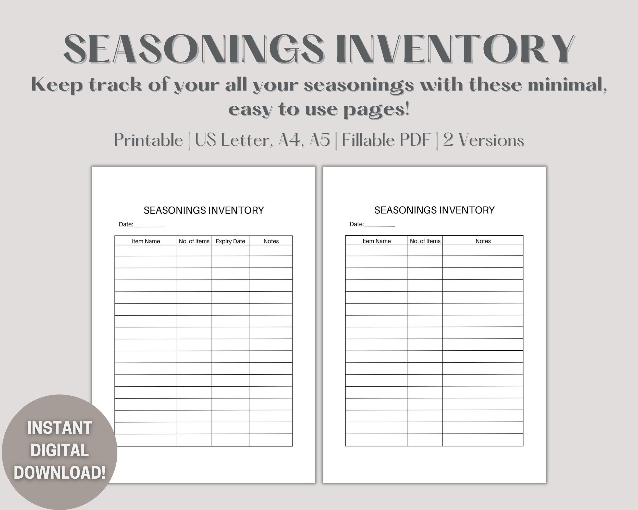 Spice Inventory, Printable Food Inventory, Seasoning Log, Spice Log ...