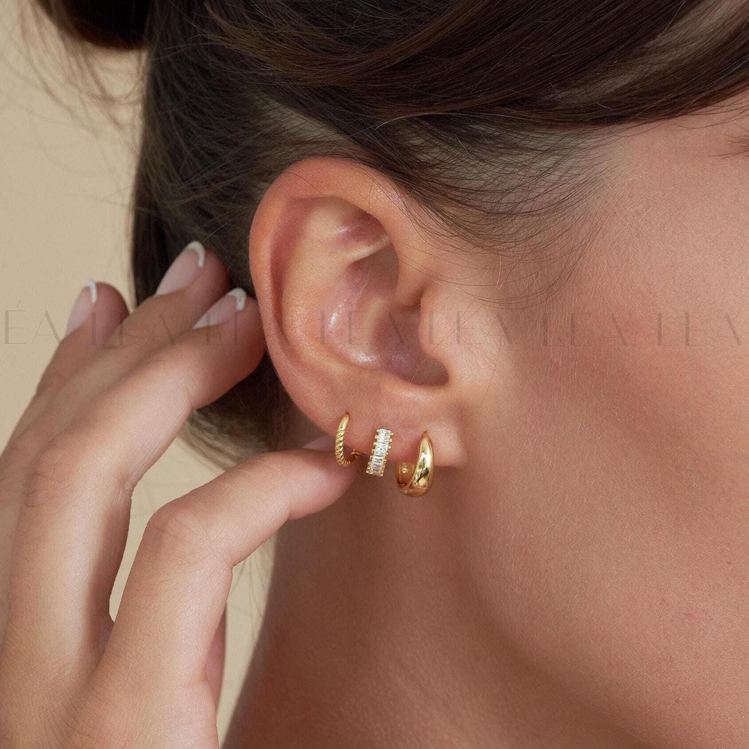 Chunky Tapered Everyday Hoop Earring Stack Set • Baguette Diamond ...