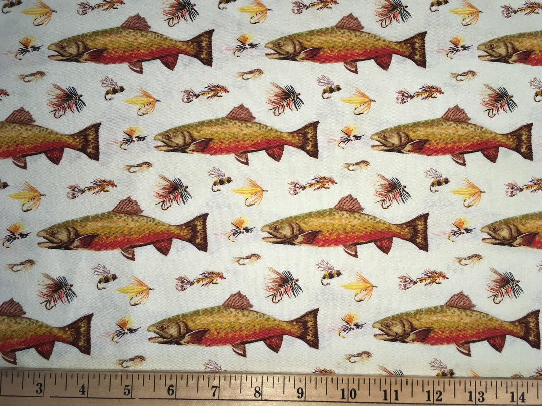 New 100% Cotton Fabric 1/4yd=9”x44” Trout Fishing Fish Cream Orange ...