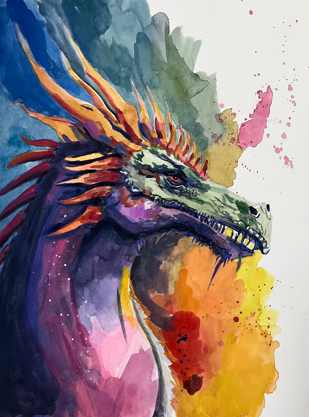 Watercolor Dragon Painting, portrait of the Rainbow Dragon Painterly ...