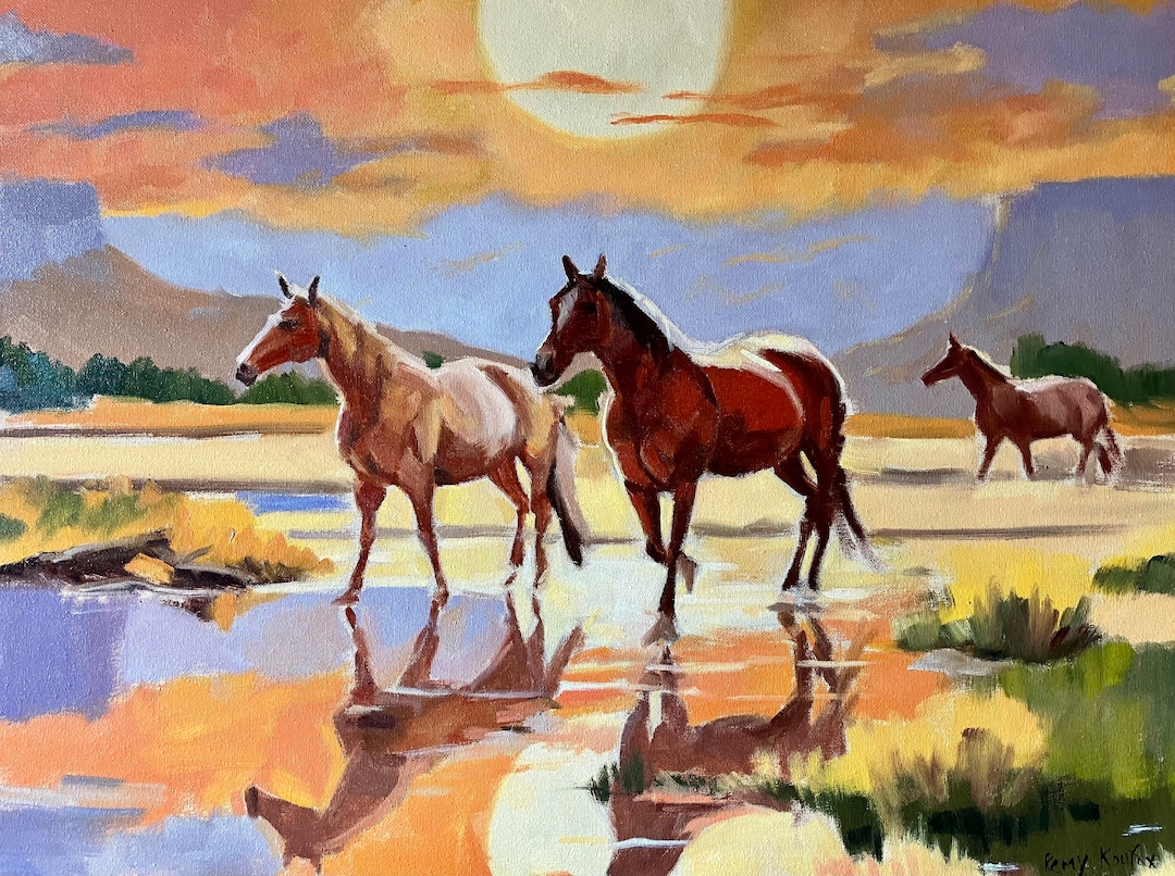 Original Western Oil Painting, Horses and Sunset, 18x24 Inches, Fine ...