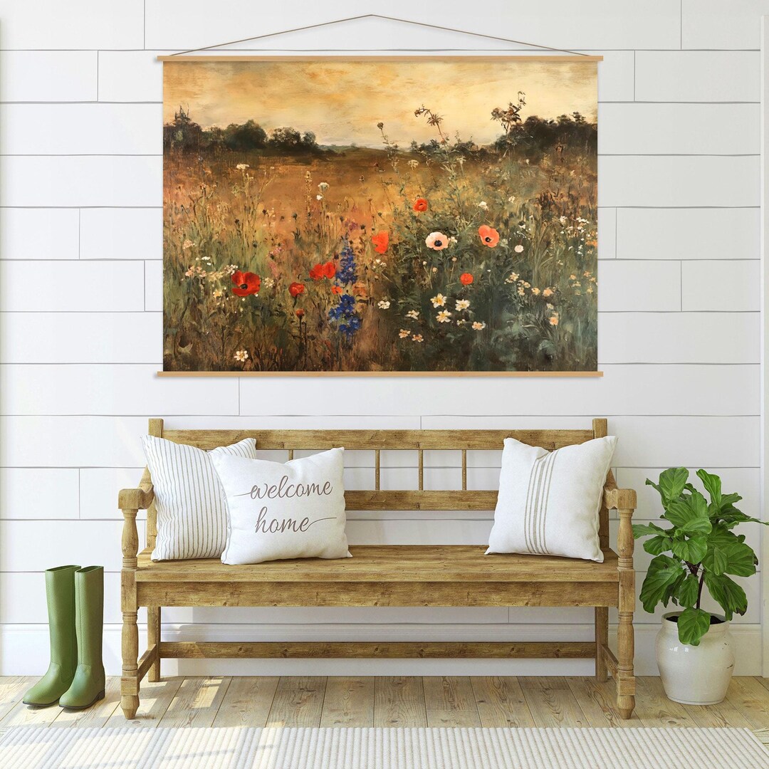 Extra Large Wall Art Hanger, Vintage Field of Wildflowers Canvas Wall ...