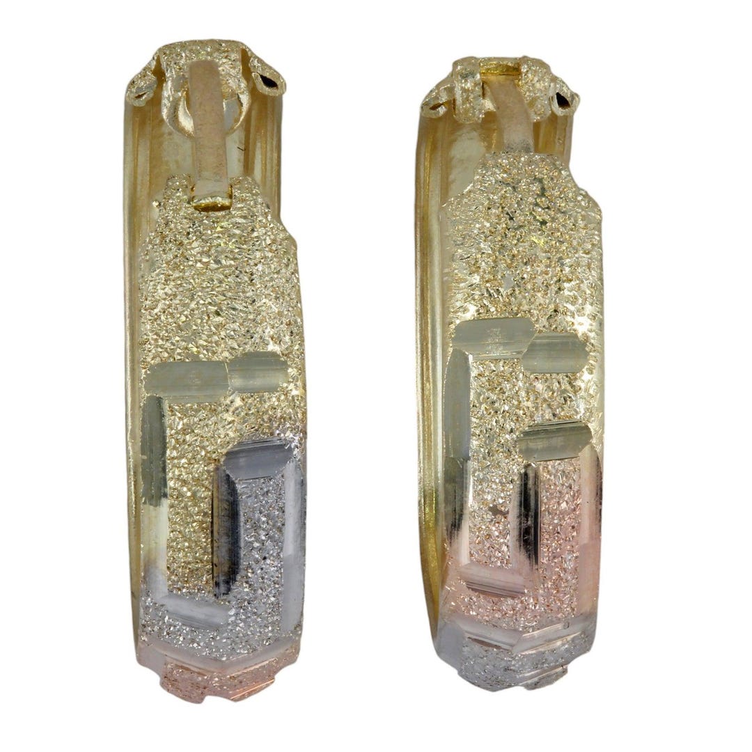 14k Tri-color Gold Frosted Greek Key Hoops - Etsy