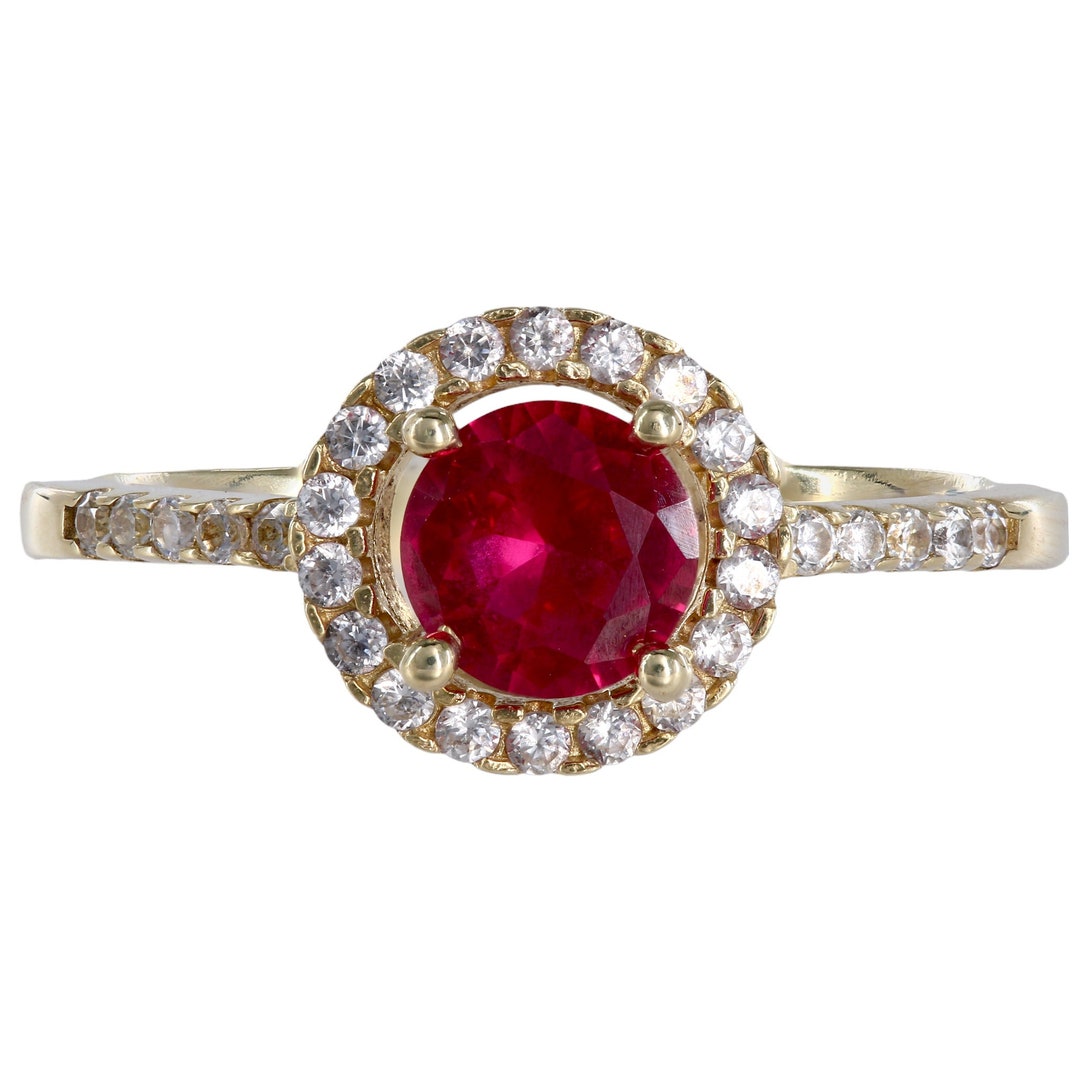 10K Yellow Gold Ruby Solitaire Cubic Zircocina Halo Ring - Etsy