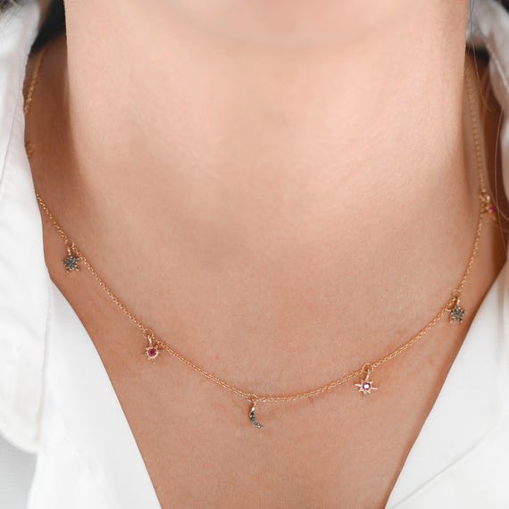 18K Yellow Gold Black Diamond And Ruby Moon & Star Ch… - Gem