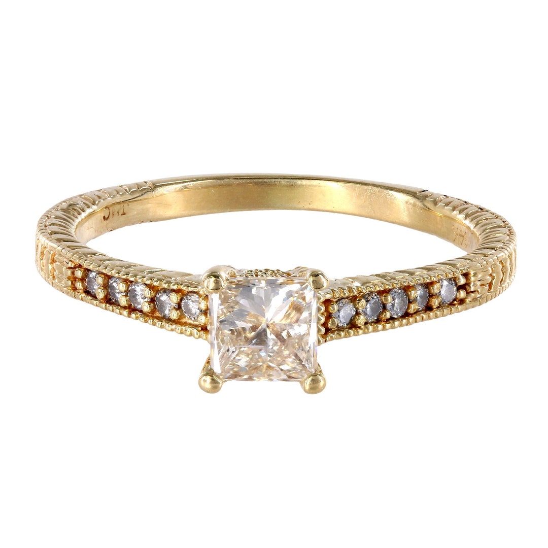 14K Yellow Gold Diamond Princess Cut Engagement Ring Adorned With Side ...