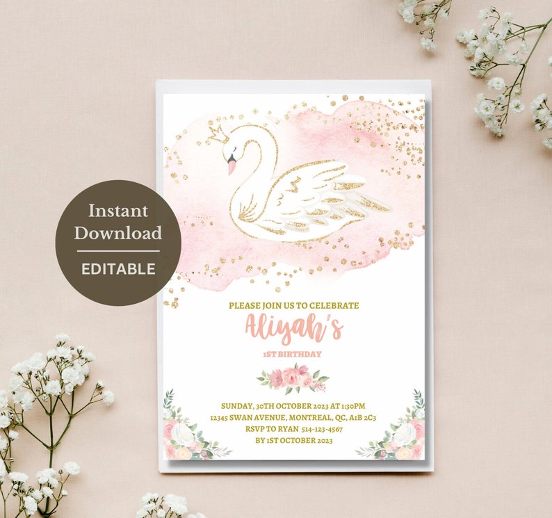 SWAN BIRTHDAY INVITATION for Girls - Editable Digital Template Birthday ...
