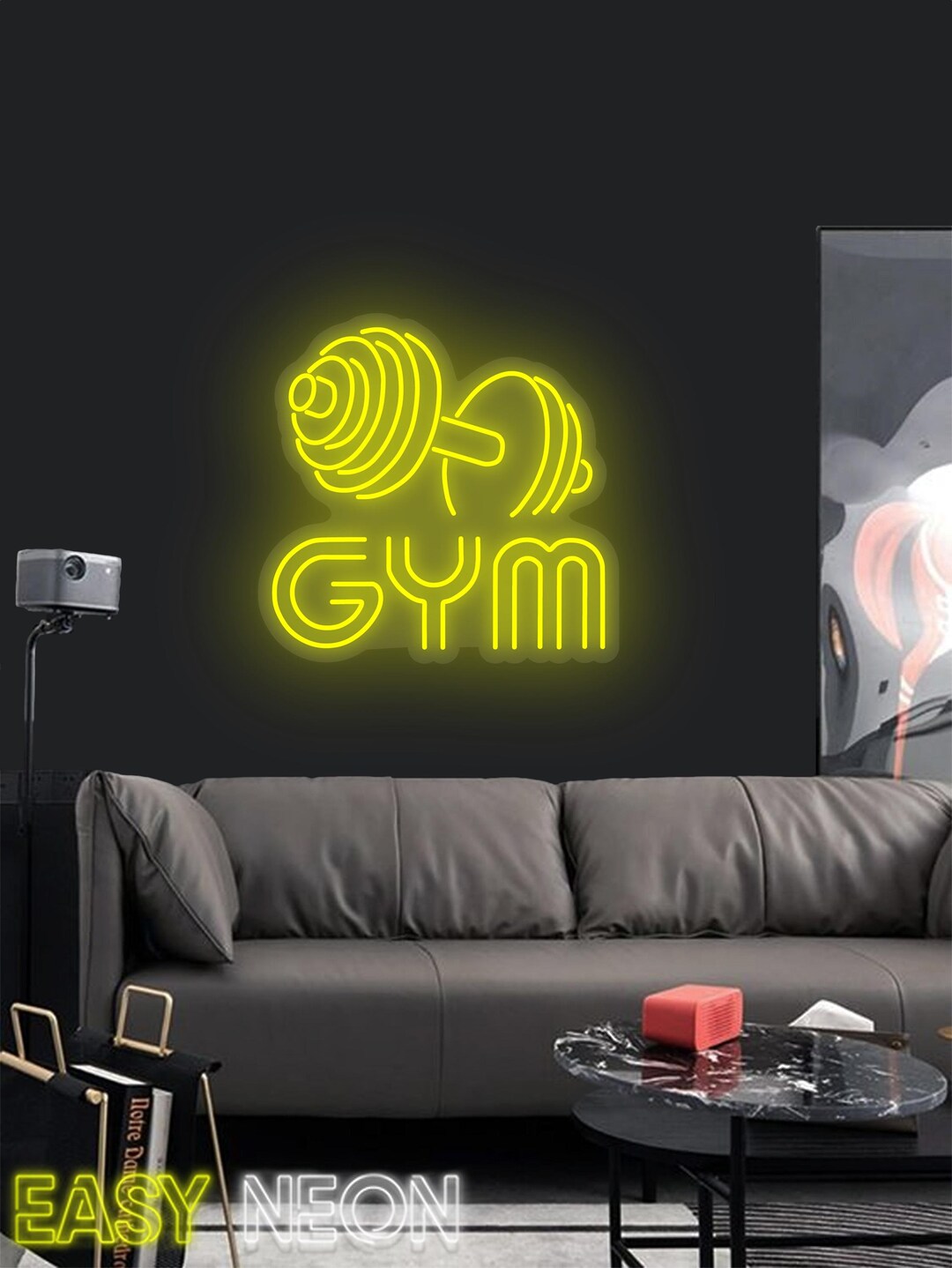 Neon Sign With Dumbbells, Gym Wall Hanging, Neon Sign With Neon Barbell ...