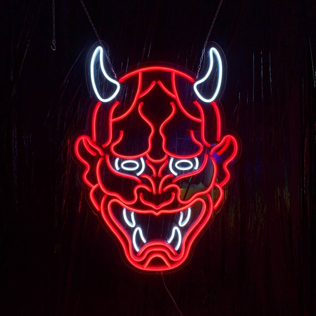 Japanese Oni Demon Neon Sign – Red LED Wall Light, Anime Mask Decor ...