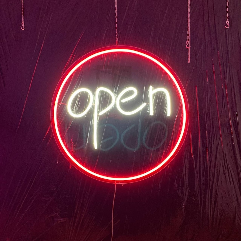 Large Round LED Neon Open Sign White and Red Neon Light Open - Etsy